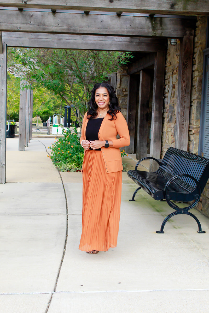 Pumpkin Spice Pleated Skirt and Cardigan Set – MiMi-Michelle Boutique