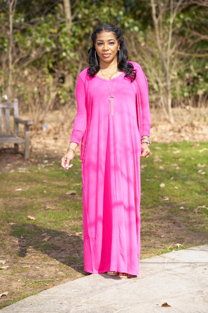 Bright Pink Maxi dress & Cardigan Set – MiMi-Michelle Boutique
