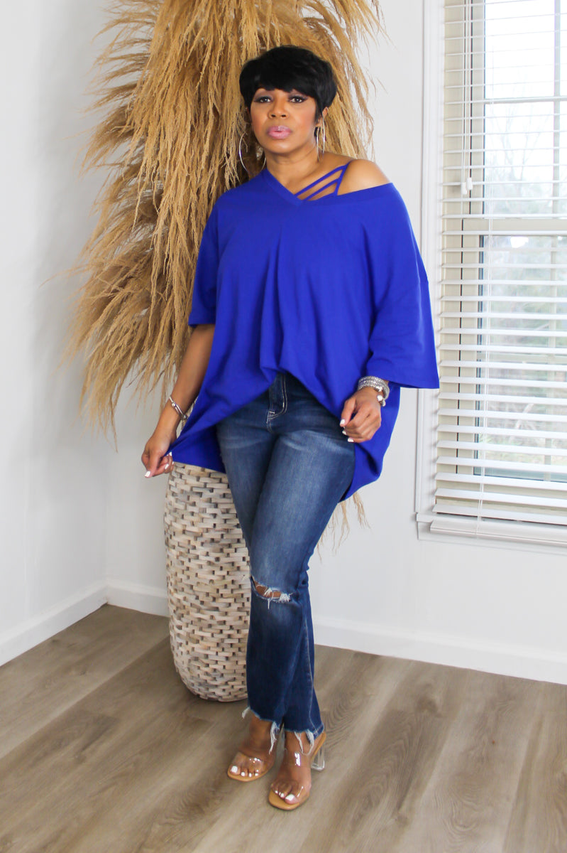 Blue Drop Shoulder Boyfriend Tee & Bralette – MiMi-Michelle Boutique